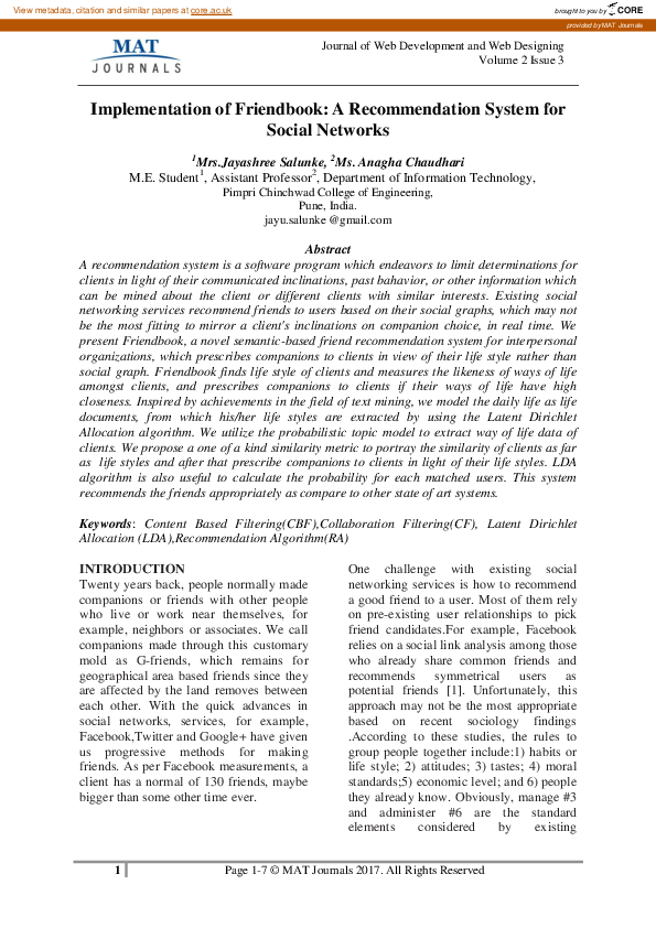 (PDF) Implementation of Friendbook: A Recommendation System for Social ...