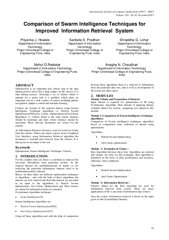 (PDF) 39 Comparison of Swarm Intelligence Techniques for Improved Information Retrieval System