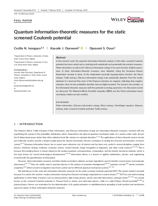 (PDF) Quantum information-theoretic measures for the static screened ... (PDF) Quantum information-theoretic measures for the static screened ...
