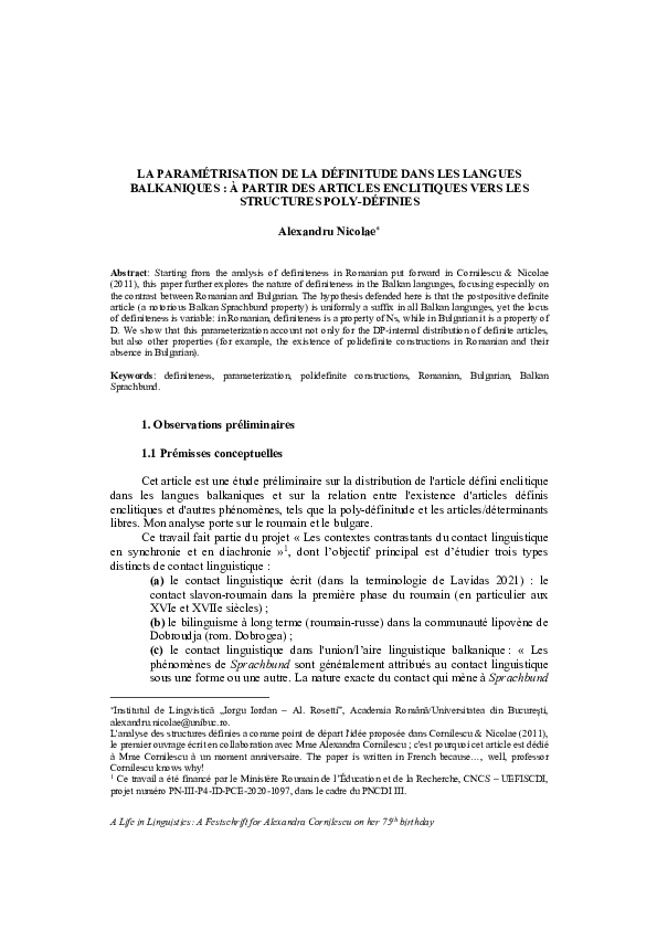 (PDF) LA PARAMÉTRISATION DE LA DÉFINITUDE DANS LES LANGUES BALKANIQUES ...