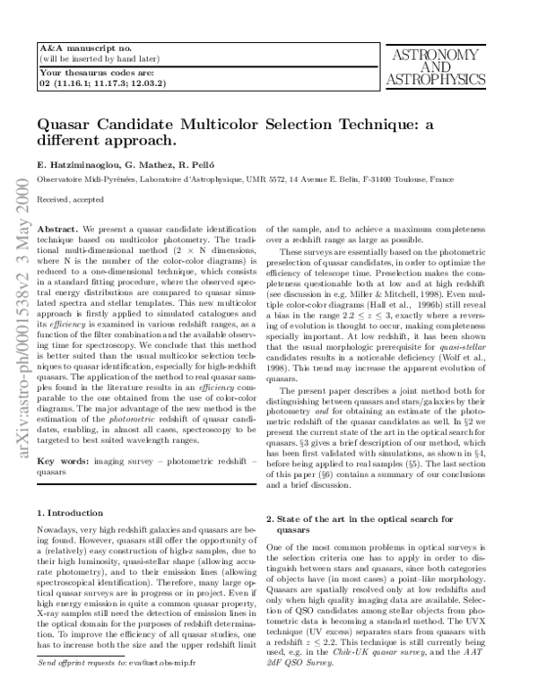 (PDF) Quasar Candidate Multicolor Selection Technique: a different approach