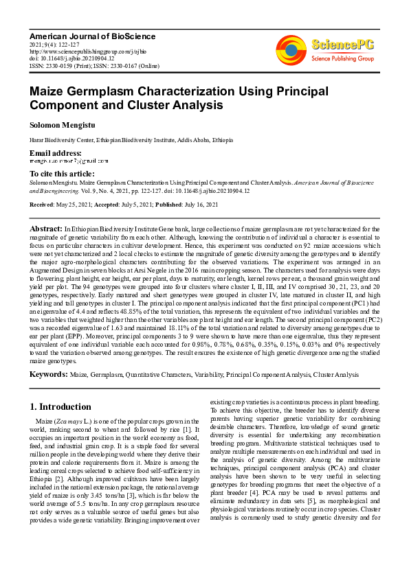 (PDF) Maize Germplasm Characterization Using Principal Component and Cluster Analysis