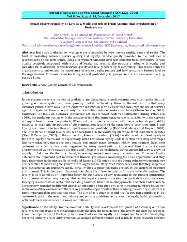(PDF) Impact of service quality on Loyalty Mediating role of Trust: An ...