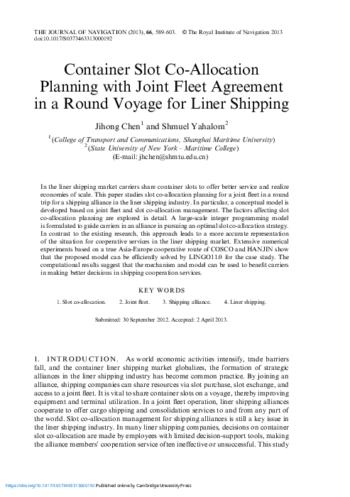 Pdf Container Slot Co Allocation Planning With Joint Fleet Agreement In A Round Voyage For