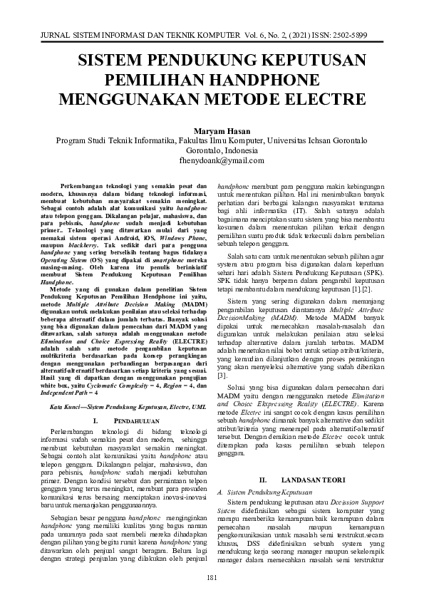 (PDF) Sistem Pendukung Keputusan Pemilihan Handphone Menggunakan Metode Electre