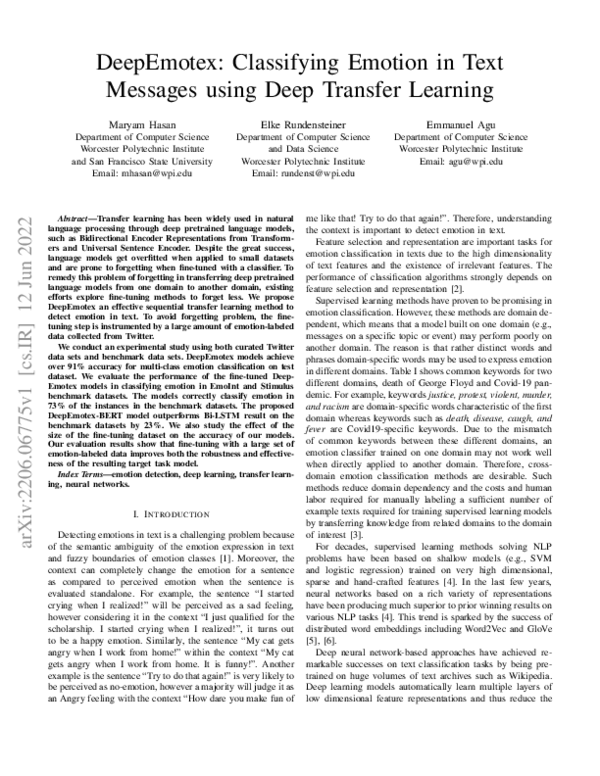 Pdf Deepemotex Classifying Emotion In Text Messages Using Deep Transfer Learning