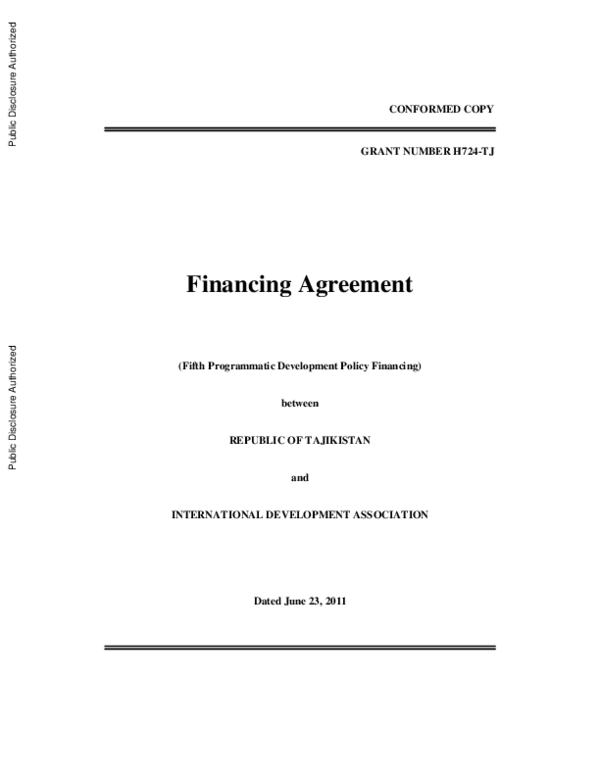 (PDF) Financing Agreement for IDA Grant H724-TJ Conformed