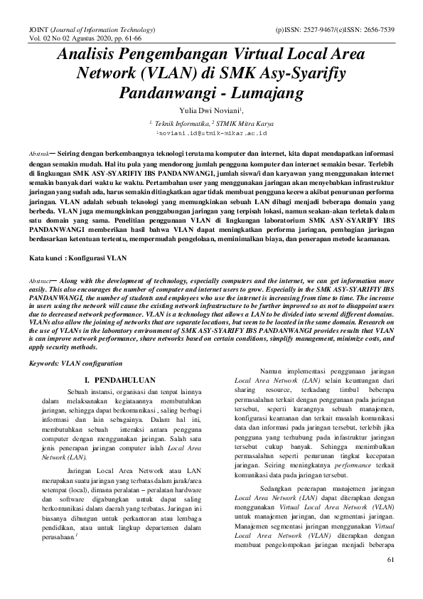 Pdf Jurnal Jaringan Analisis Dan Pengembangan Virtual Local Area Network Yulia Dwi Noviani