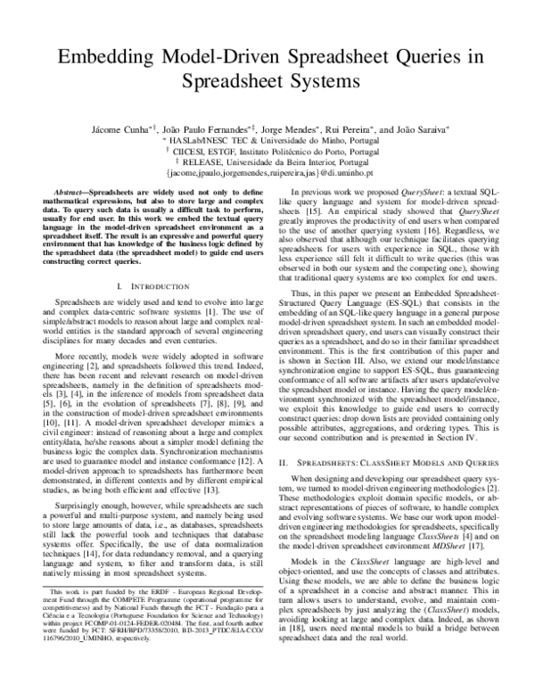 Pdf Embedding Model Driven Spreadsheet Queries In Spreadsheet Systems Jorge Mendes