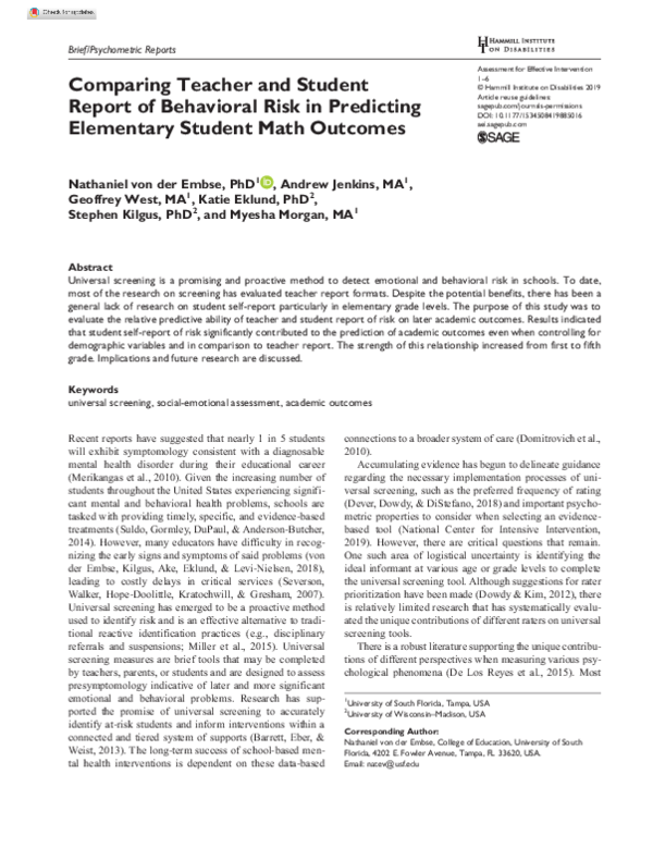 (PDF) Comparing Teacher and Student Report of Behavioral Risk in ...