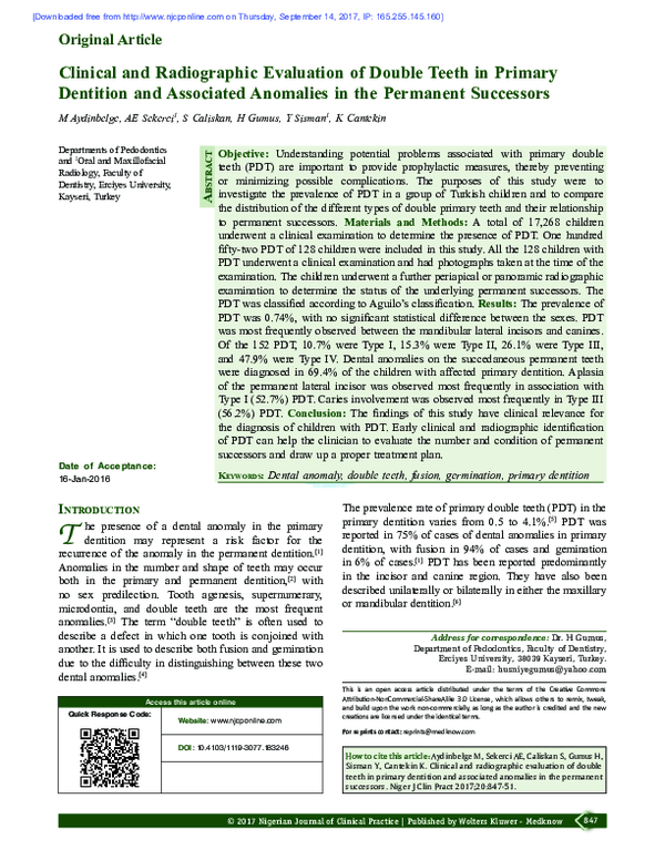 (PDF) Clinical and radiographic evaluation of double teeth in primary ...