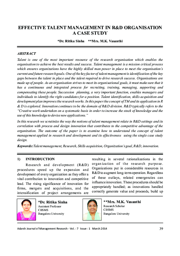 (PDF) Effective Talent Management in R&D Organisation a Case Study