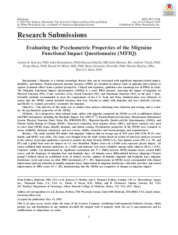 (PDF) Evaluating the Psychometric Properties of the Migraine Functional ...