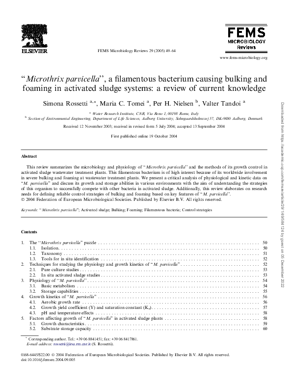 (PDF) “Microthrix parvicella”, a filamentous bacterium causing bulking ...