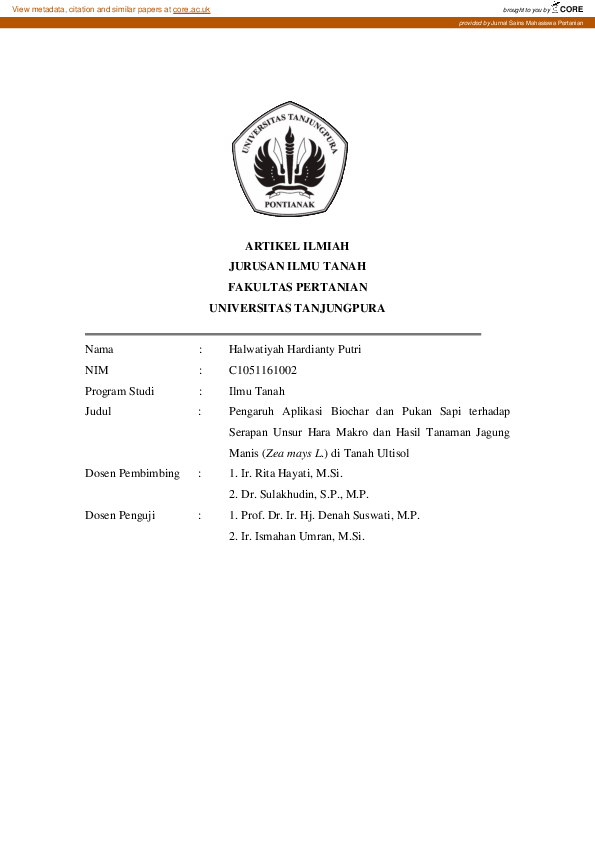 (PDF) PENGARUH APLIKASI BIOCHAR DAN PUKAN SAPI TERHADAP SERAPAN UNSUR ...