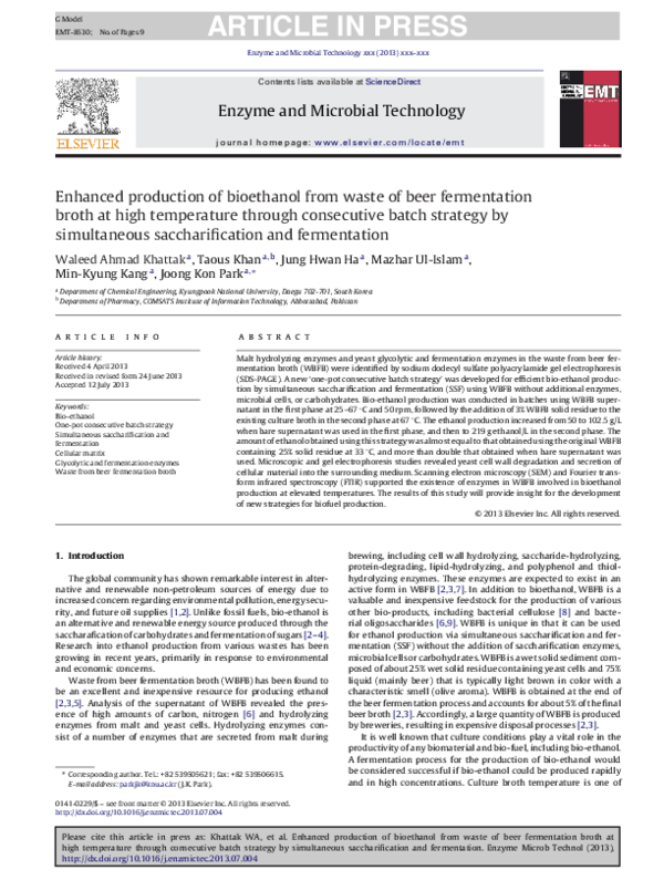 (PDF) Enhanced production of bioethanol from waste of beer fermentation broth at high ...