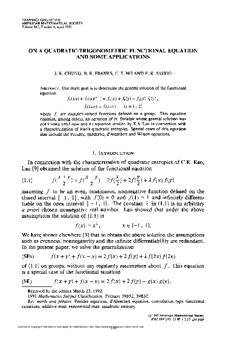 (PDF) On a Quadratic-Trigonometric Functional Equation and Some Applications