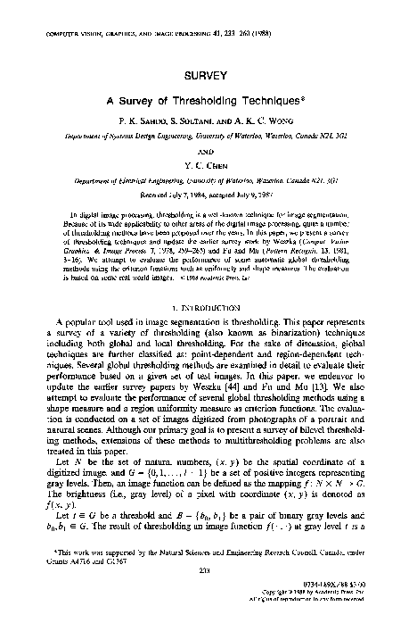 (PDF) A survey of thresholding techniques