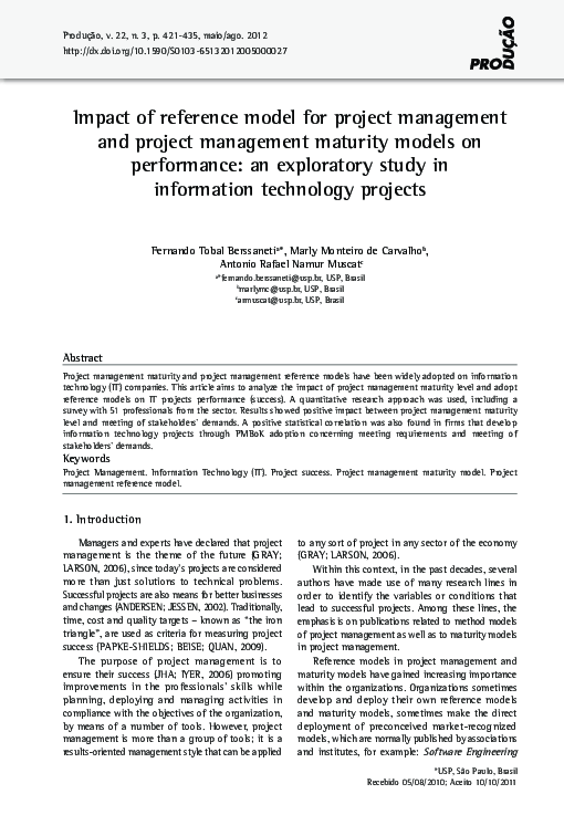 (PDF) Impacto dos modelos de referência e maturidade no gerenciamento de projetos: estudo ...