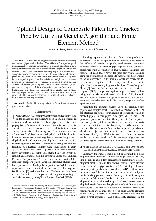 (PDF) Optimal Design Of Composite Patch For A Cracked Pipe By Utilizing Genetic Algorithm And ...