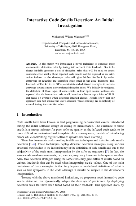 (PDF) Interactive Code Smells Detection: An Initial Investigation