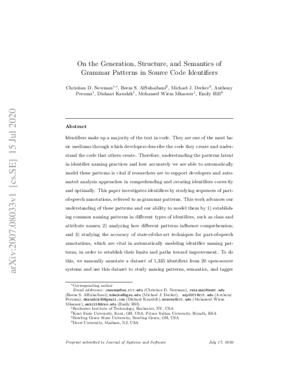 (PDF) On the generation, structure, and semantics of grammar patterns in source code identifiers