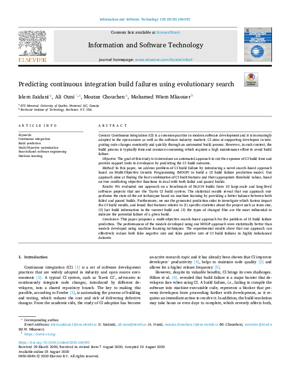 (PDF) Predicting continuous integration build failures using evolutionary search