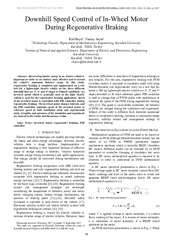 (PDF) Downhill Speed Control of In-Wheel Motor during Regenerative Braking