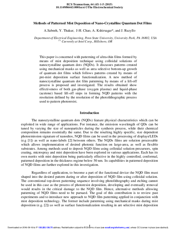 (PDF) Methods of Patterned Mist Deposition of Nano-Crystalline Quantum Dot Films | Yash Thakur ...