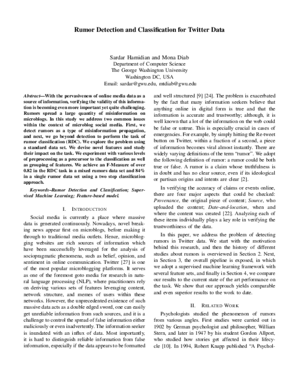 (PDF) Rumor Detection and Classification for Twitter Data