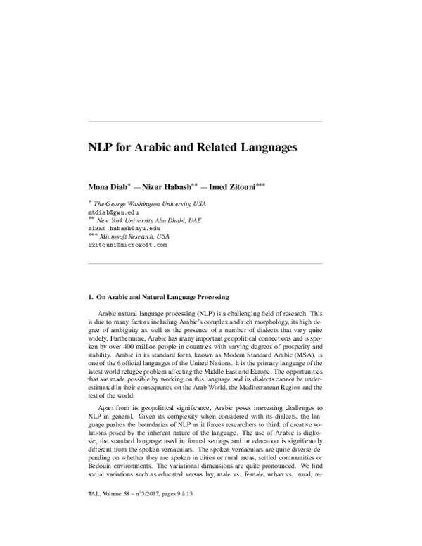 (PDF) NLP for Arabic and related languages