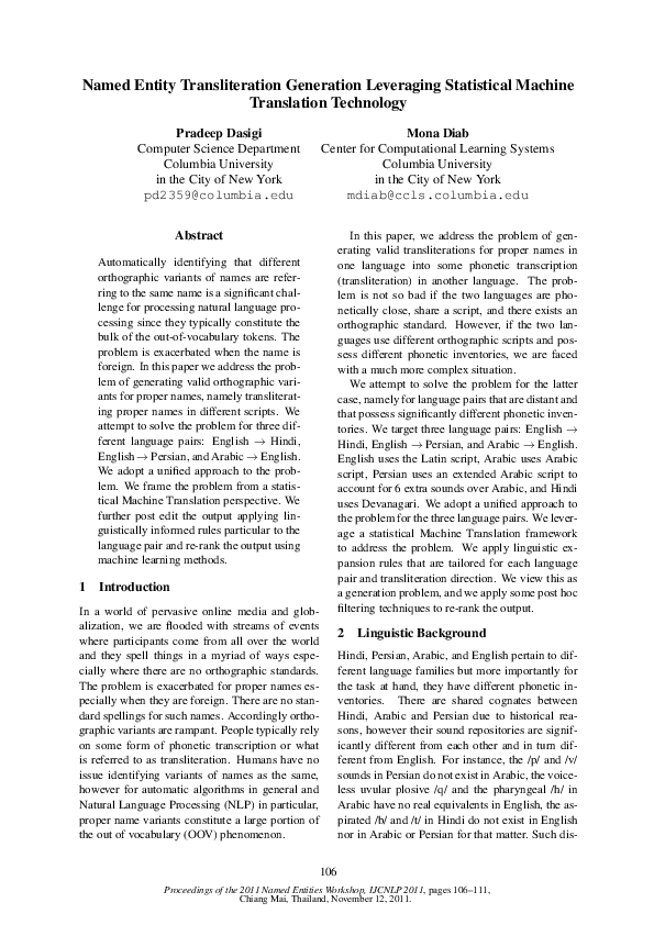 (PDF) Named Entity Transliteration Generation Leveraging Statistical Machine Translation Technology
