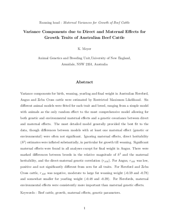 Pdf Variance Components Due To Direct And Maternal Effects For Growth