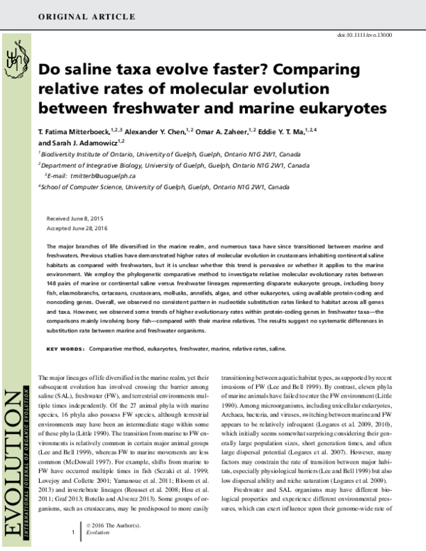 (PDF) Do saline taxa evolve faster? Comparing relative rates of ...