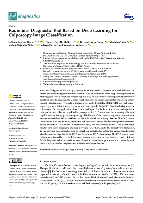 (PDF) Radiomics Diagnostic Tool Based on Deep Learning for Colposcopy Image Classification
