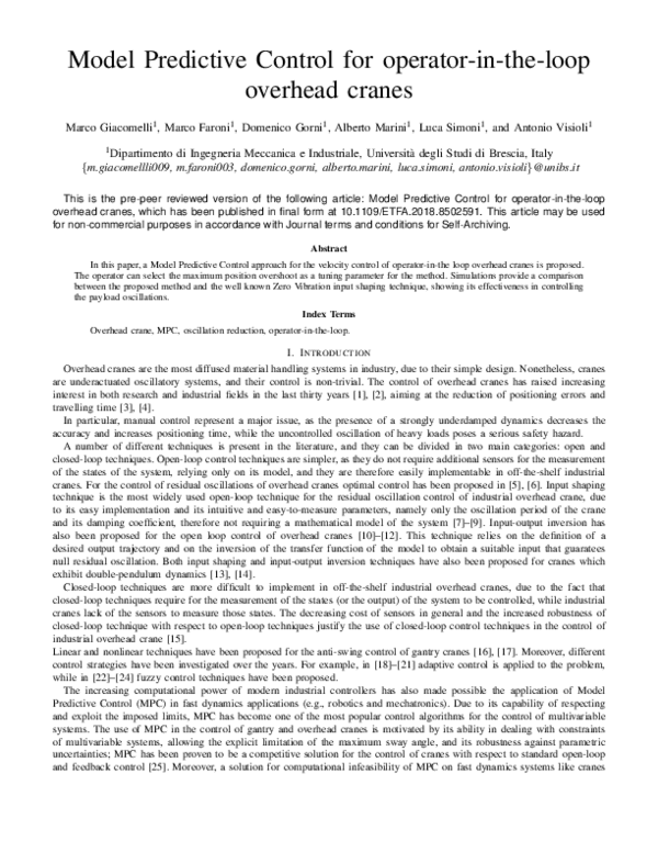 (PDF) Model Predictive Control for operator-in-the-loop overhead cranes