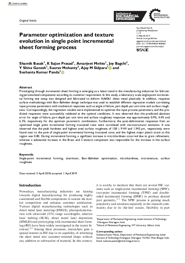 (PDF) Parameter optimization and texture evolution in single point incremental sheet forming process