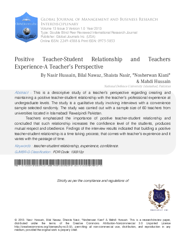 (PDF) Positive Teacher-Student Relationship and Teachers Experience-A ...