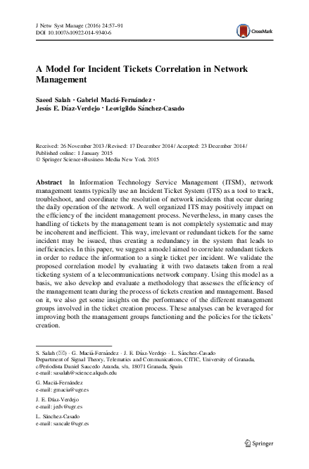 (PDF) A Model for Incident Tickets Correlation in Network Management