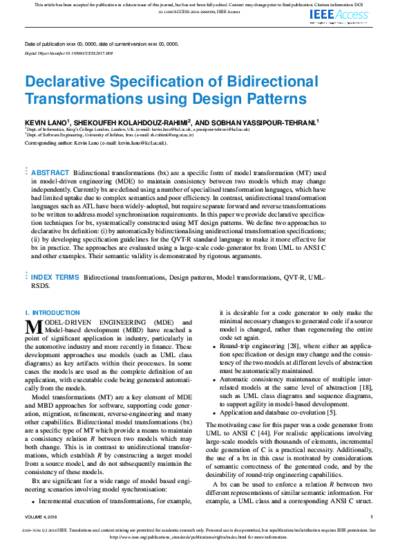 (PDF) Declarative Specification of Bidirectional Transformations using Design Patterns