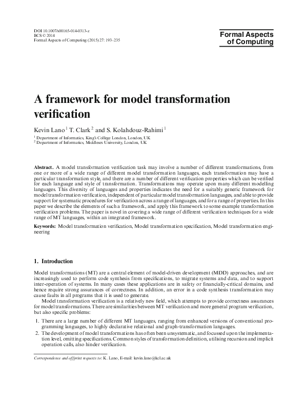 Pdf A Framework For Model Transformation Verification