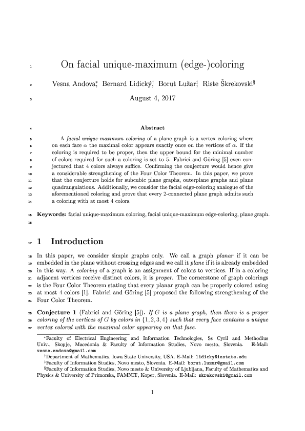 (PDF) On facial unique-maximum (edge-)coloring | Riste Škrekovski ...