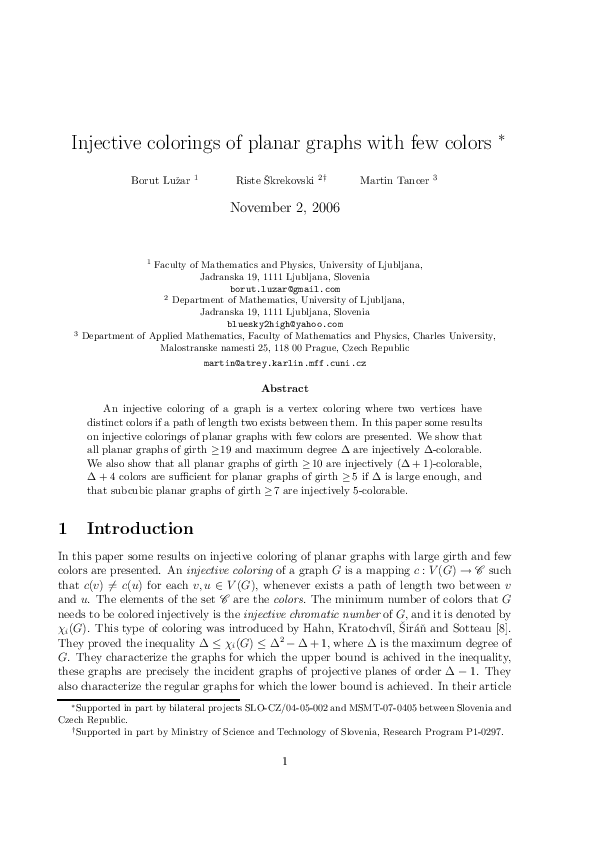 (PDF) Injective colorings of planar graphs with few colors