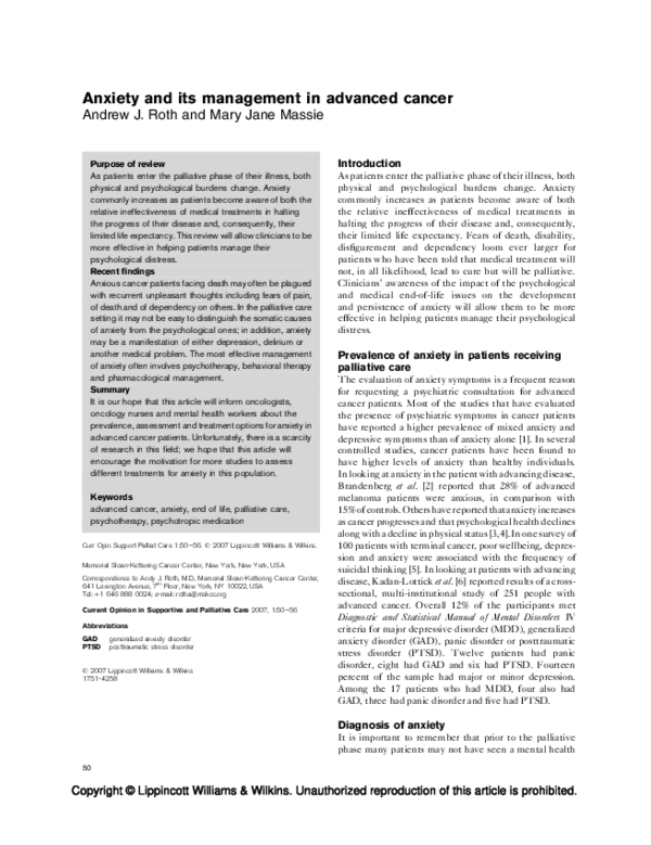 (PDF) Anxiety and its management in advanced cancer