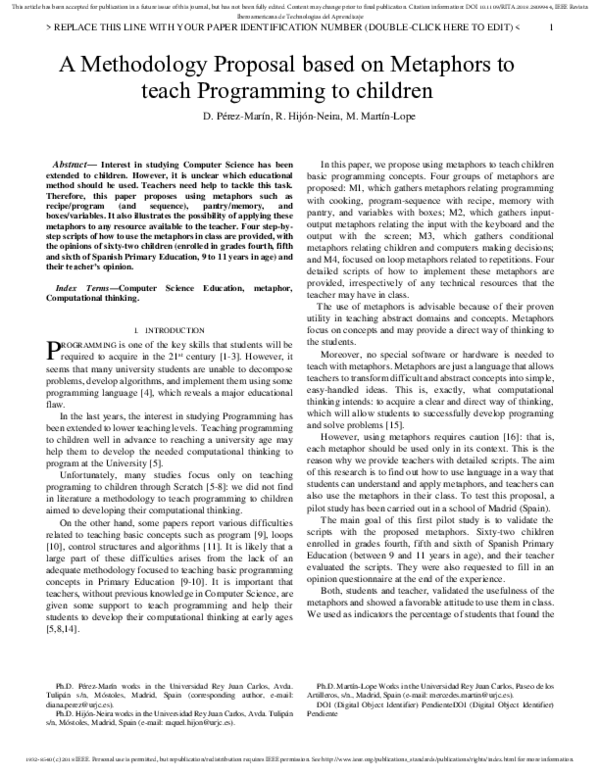 (PDF) A Methodology Proposal Based on Metaphors to Teach Programming to ...