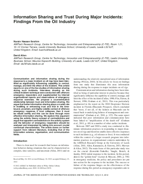 (PDF) Information sharing and trust during major incidents: Findings ...