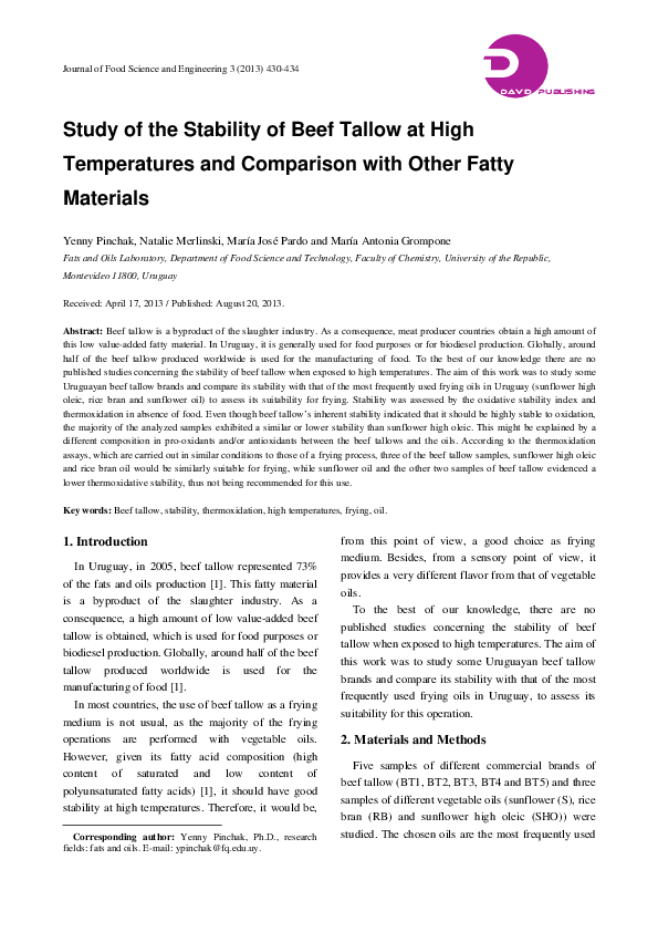 (PDF) Study of the Stability of Beef Tallow at High Temperatures and ...