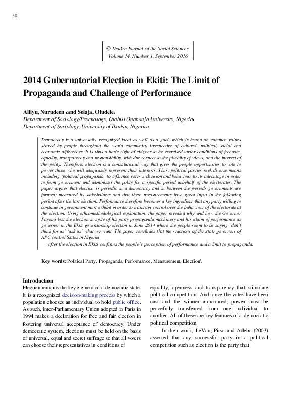 (PDF) 2014 Gubernatorial Election In Ekiti: The Limit Of Propaganda And ...