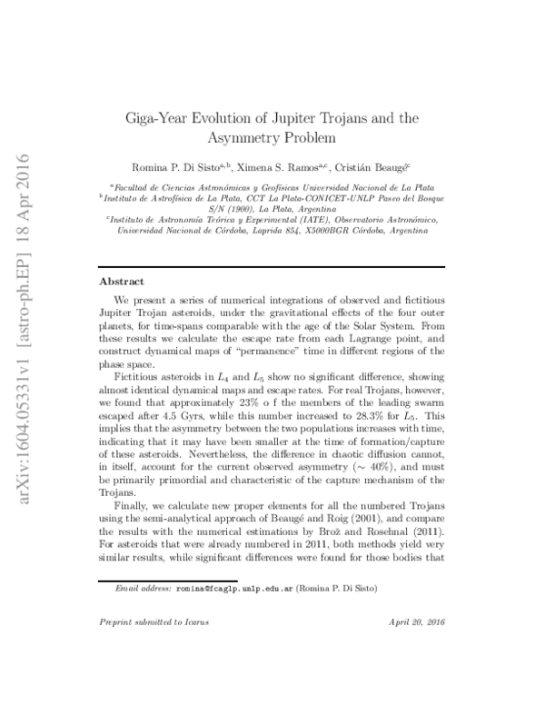 (PDF) Giga-year evolution of Jupiter Trojans and the asymmetry problem