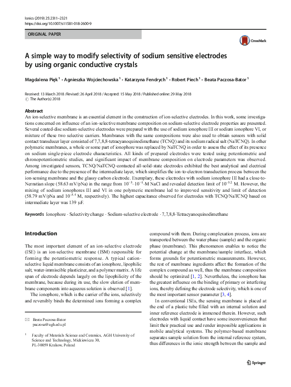 (PDF) Modifying Sodium Electrode Selectivity via TCNQ